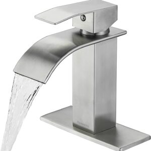 Ryuwanku Bathroom Faucet Brushed Nickel Modern Waterfall Bathroom Sink Faucet with Single Handle Suitable for 1 or 3 Holes,Supply Deck Plate and Hose