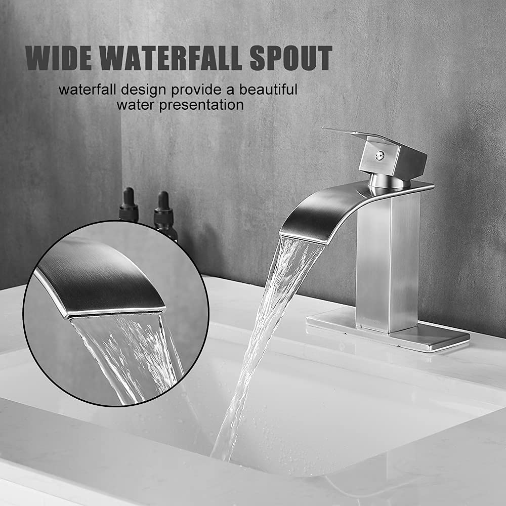 Ryuwanku Bathroom Faucet Brushed Nickel Modern Waterfall Bathroom Sink Faucet with Single Handle Suitable for 1 or 3 Holes,Supply Deck Plate and Hose