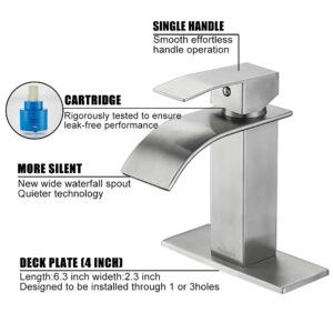 Ryuwanku Bathroom Faucet Brushed Nickel Modern Waterfall Bathroom Sink Faucet with Single Handle Suitable for 1 or 3 Holes,Supply Deck Plate and Hose