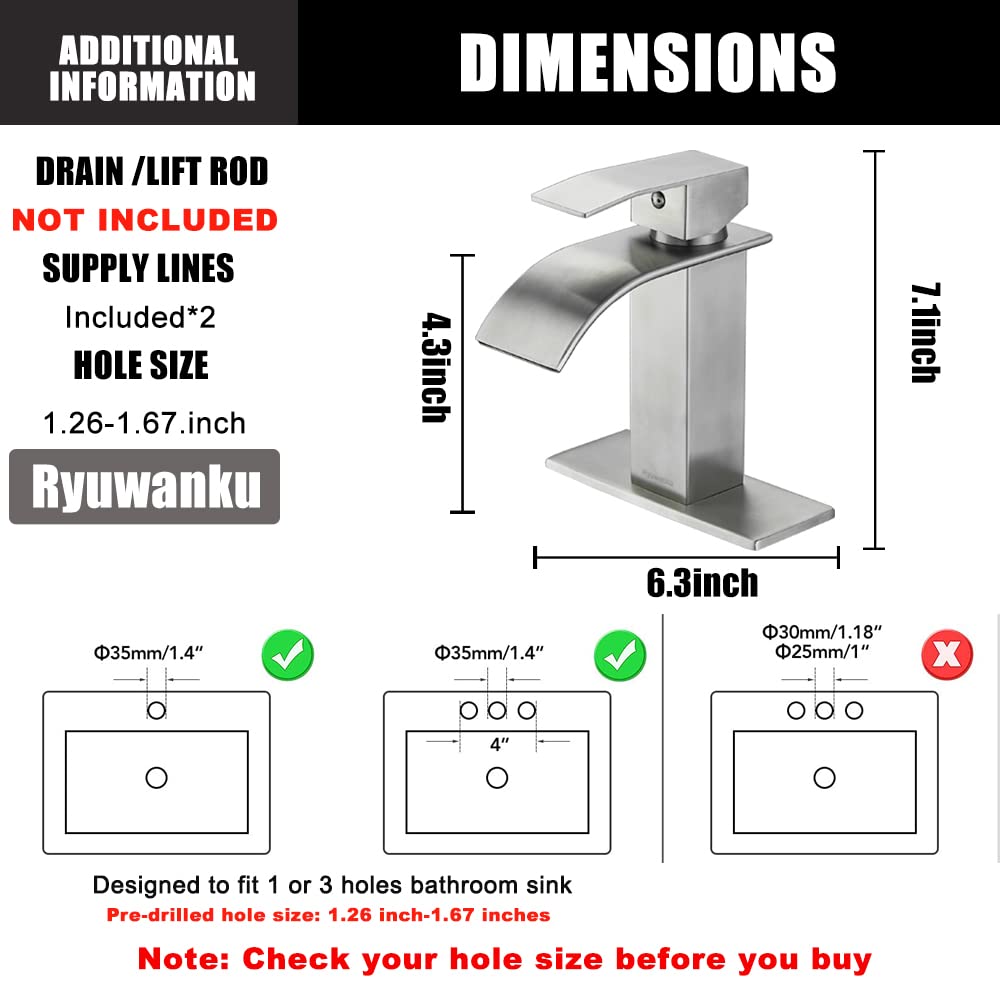 Ryuwanku Bathroom Faucet Brushed Nickel Modern Waterfall Bathroom Sink Faucet with Single Handle Suitable for 1 or 3 Holes,Supply Deck Plate and Hose