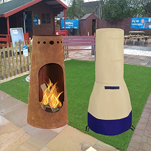 DUSTYPROTE Chiminea Cover，Weather-Proof Chiminea Fire Pit Cover，Fire Pit Heater Cover Waterproof，Clay Chiminea Cover Large Size, Khaki Patchwork Dark Blue, Cover Only