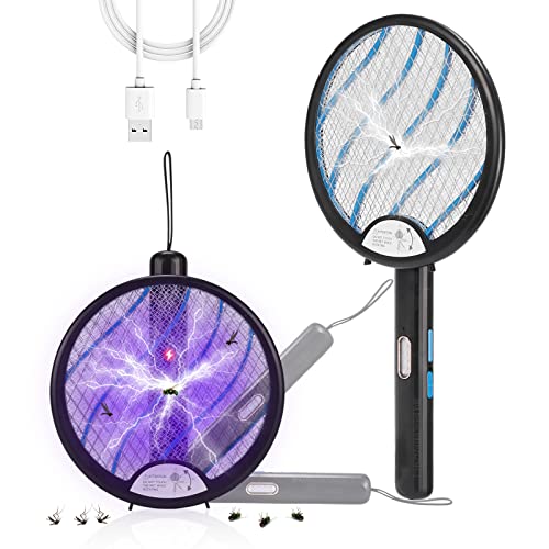 lanju Electric Fly Swatter Racket & Bug Zapper 4000V Mosquito Zapper Racket Indoor with Light Trap Fly Killer Foldable USB Rechargeable for Outdoor Home Office Backyard (1 Pack)