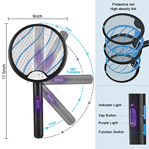 lanju Electric Fly Swatter Racket & Bug Zapper 4000V Mosquito Zapper Racket Indoor with Light Trap Fly Killer Foldable USB Rechargeable for Outdoor Home Office Backyard (1 Pack)