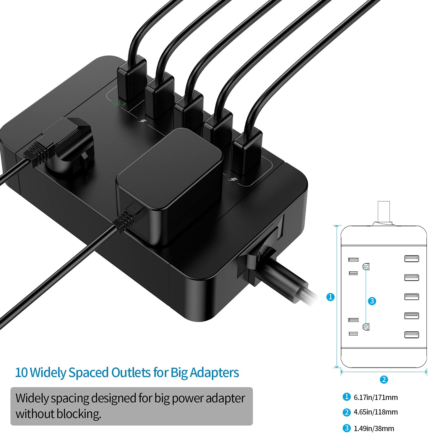 ROEA QC 3.0 Fast 5 USB Charger Power Strip Surge Protector 2Ac Outlet 6Ft 18A Long Extension Cord Flat Plug Home Office Dorm Travel Adapter Smart Desktop Extender, QC3.0-USB Quick Charger