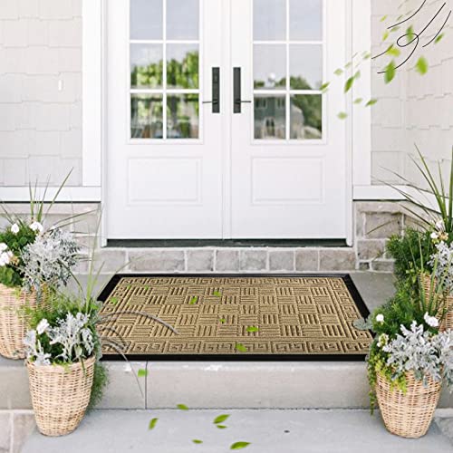 Outdoor Indoor Door Mat, Extra Durable Natural Rubber Welcome Mat, Heavy Duty Front Outdoor Door Mat, Waterproof Low Profile Fall Door Mat, Entrance Rug for Entry, Patio, Busy Areas (Brown, 17"x29")