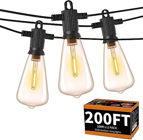 ZOTOYI Outdoor String Lights 200 FT, Waterproof IP65 Patio String Lights for Outside with 104 Shatterproof ST38 Bulbs(4 Spare), LED Hanging Lights for Bistro, Backyard, Garden 2700K(2-Pack 100FT)