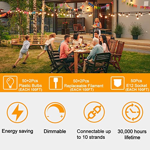 ZOTOYI Outdoor String Lights 200 FT, Waterproof IP65 Patio String Lights for Outside with 104 Shatterproof ST38 Bulbs(4 Spare), LED Hanging Lights for Bistro, Backyard, Garden 2700K(2-Pack 100FT)