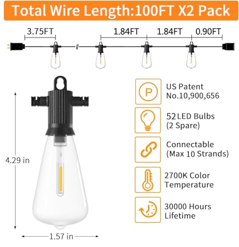 ZOTOYI Outdoor String Lights 200 FT, Waterproof IP65 Patio String Lights for Outside with 104 Shatterproof ST38 Bulbs(4 Spare), LED Hanging Lights for Bistro, Backyard, Garden 2700K(2-Pack 100FT)