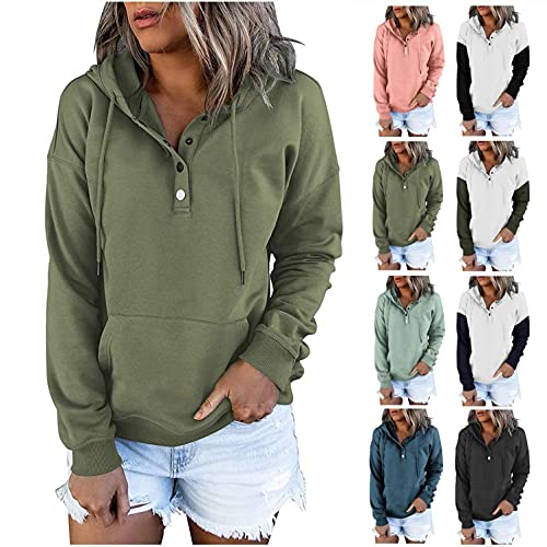 Baralonly Pullover for Womens Button Down Hoodies Drawstring Hooded Pocket Blouses Casual Long Sleeve V Neck Sweatshirts