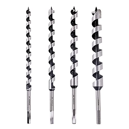 SOMADA Long Auger Drill Bit Set for Wood -4 Pcs, 1/2-Inch, 5/8-Inch, 3/4-Inch, and 1-Inch Diameter with 12-Inch Long Hex Shank, Ship Auger Bit Set