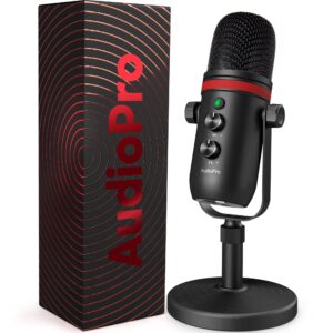 audiopro usb microphone, cardioid condenser gaming mic for pc/laptop/phone/ps4/5, headphone output, volume control, usb type-c plug and play, led mute button, for streaming, podcast, studio