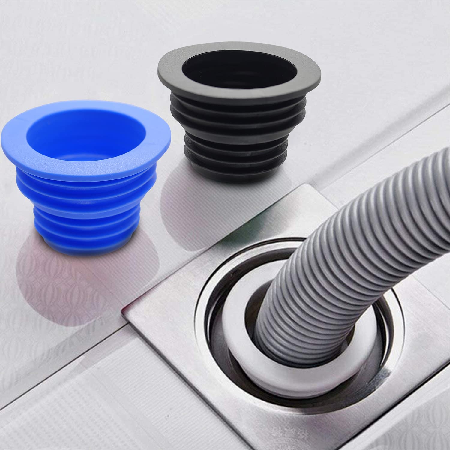 LYMGS Universal Fit Drain Pipe Hose Silicone Plug, Washing Machine Drain Hose Sealing Plug Kitchen Pipe Sewer Seal Ring Laundry Room Bathroom Bathtub, Black White Blue 3 Pack