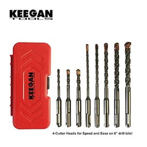 KEEGAN TOOLS 8-Piece SDS-Plus Professional Drill Bit Set with 4-Cutter Heads, Carbide Tips, SDS Rotary Hammer Drill Bit Set, Use on Concrete, Cement, Stone, Brick, Other Masonry Materials