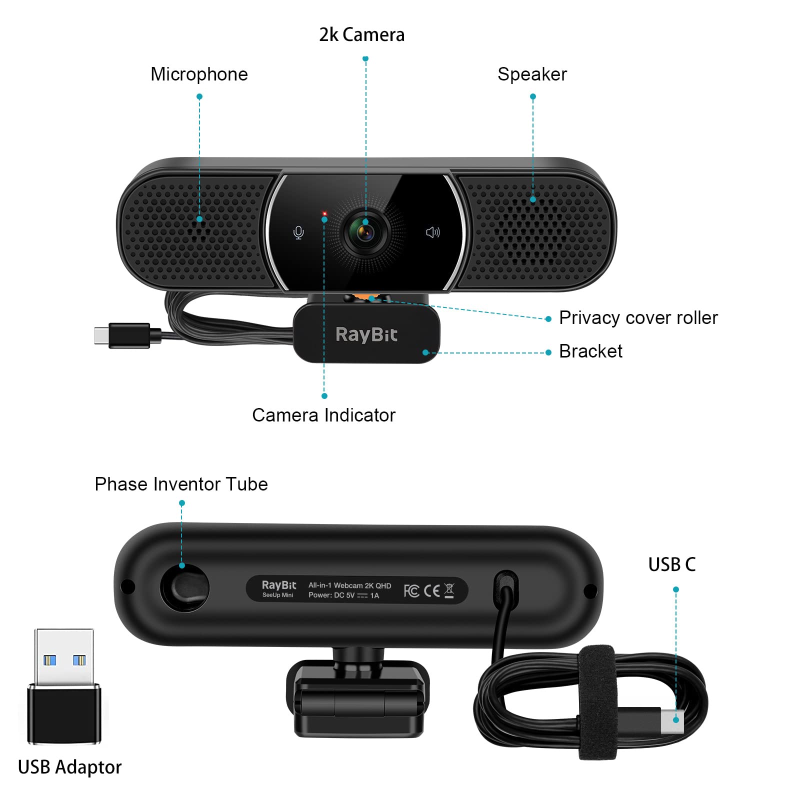 3 in 1 Webcam - 2K HD USB C Webcam with Microphone and Speaker, Stereo Sound & Noise-Cancelling Mics, Privacy Cover, Light Correction, Autofocus Conference Web Camera for Computer/Laptop/PC/Monitor