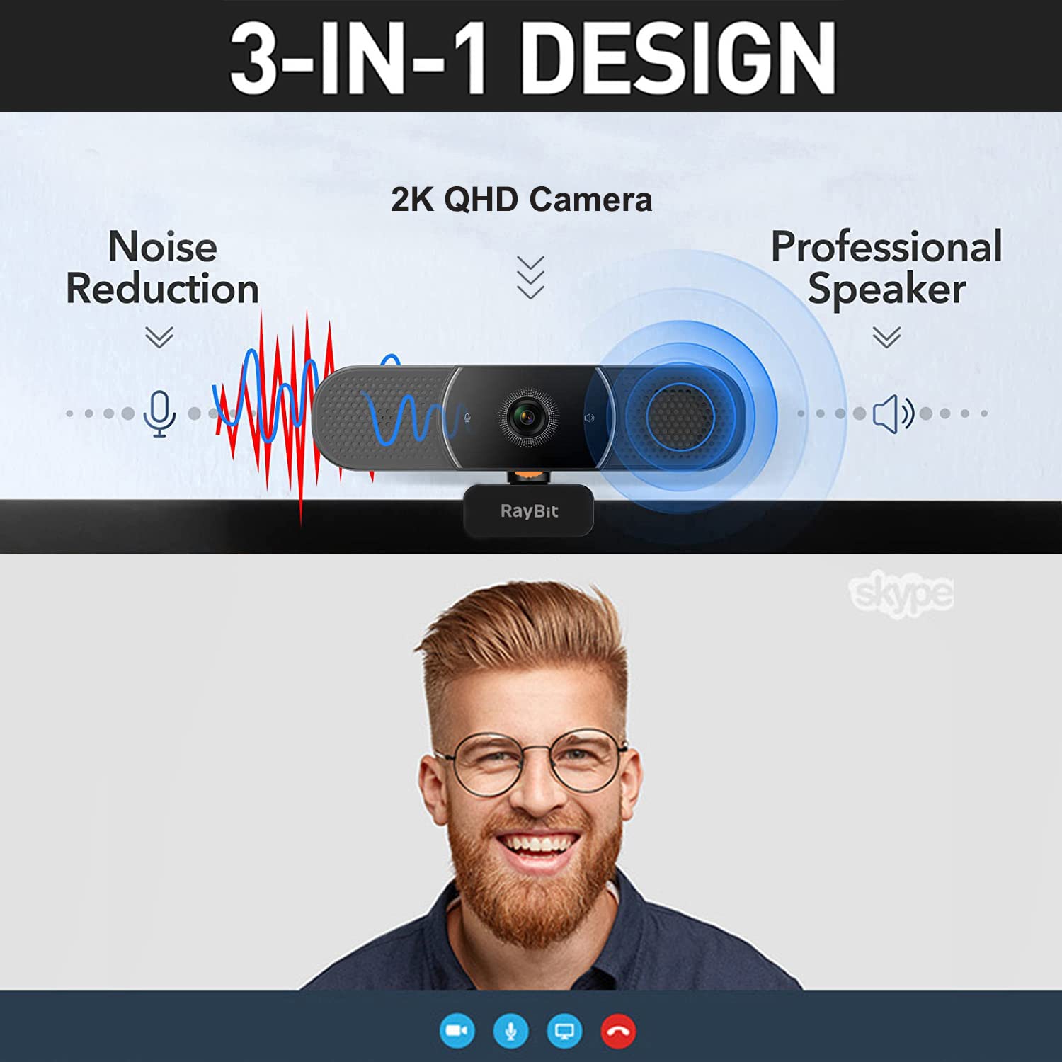 3 in 1 Webcam - 2K HD USB C Webcam with Microphone and Speaker, Stereo Sound & Noise-Cancelling Mics, Privacy Cover, Light Correction, Autofocus Conference Web Camera for Computer/Laptop/PC/Monitor