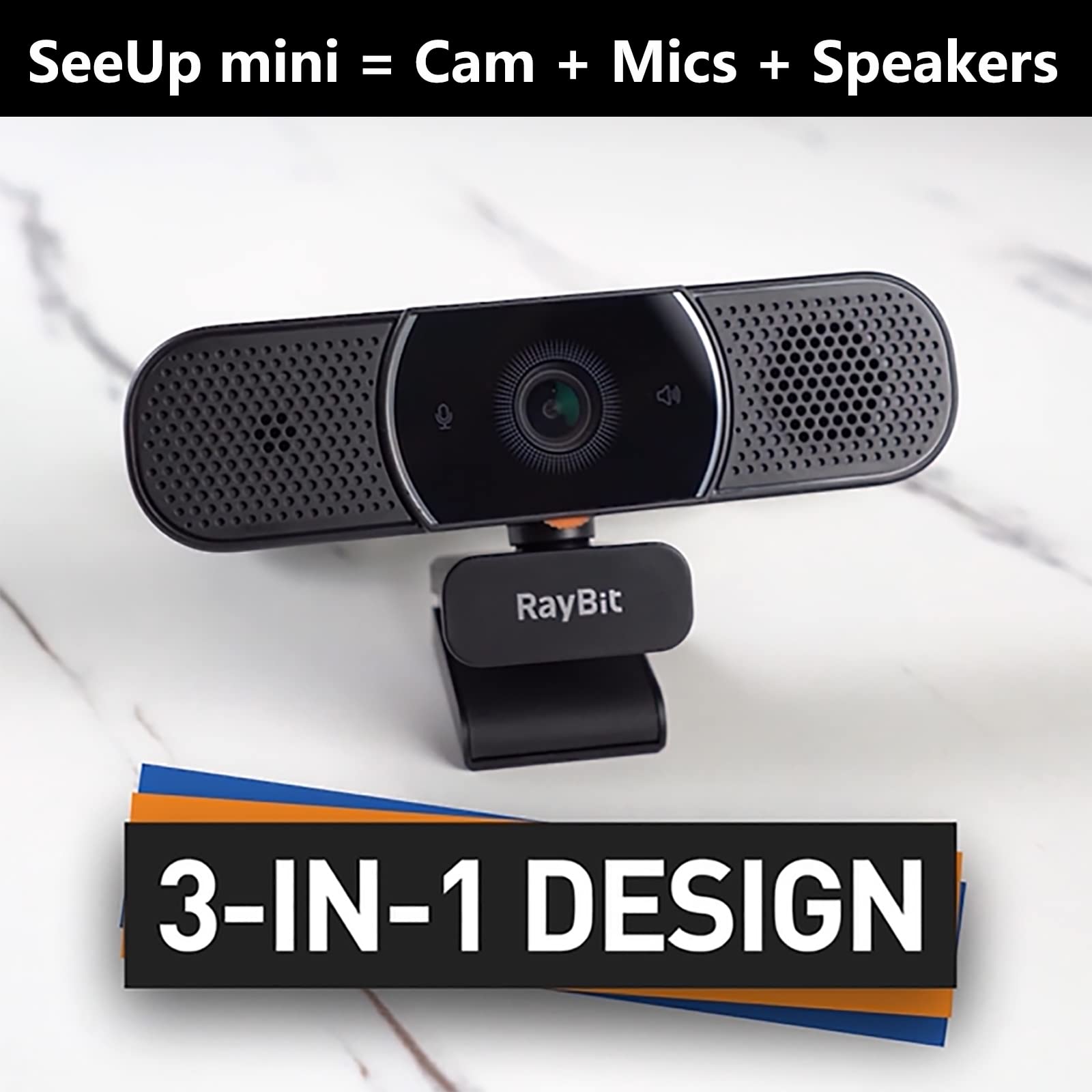 3 in 1 Webcam - 2K HD USB C Webcam with Microphone and Speaker, Stereo Sound & Noise-Cancelling Mics, Privacy Cover, Light Correction, Autofocus Conference Web Camera for Computer/Laptop/PC/Monitor