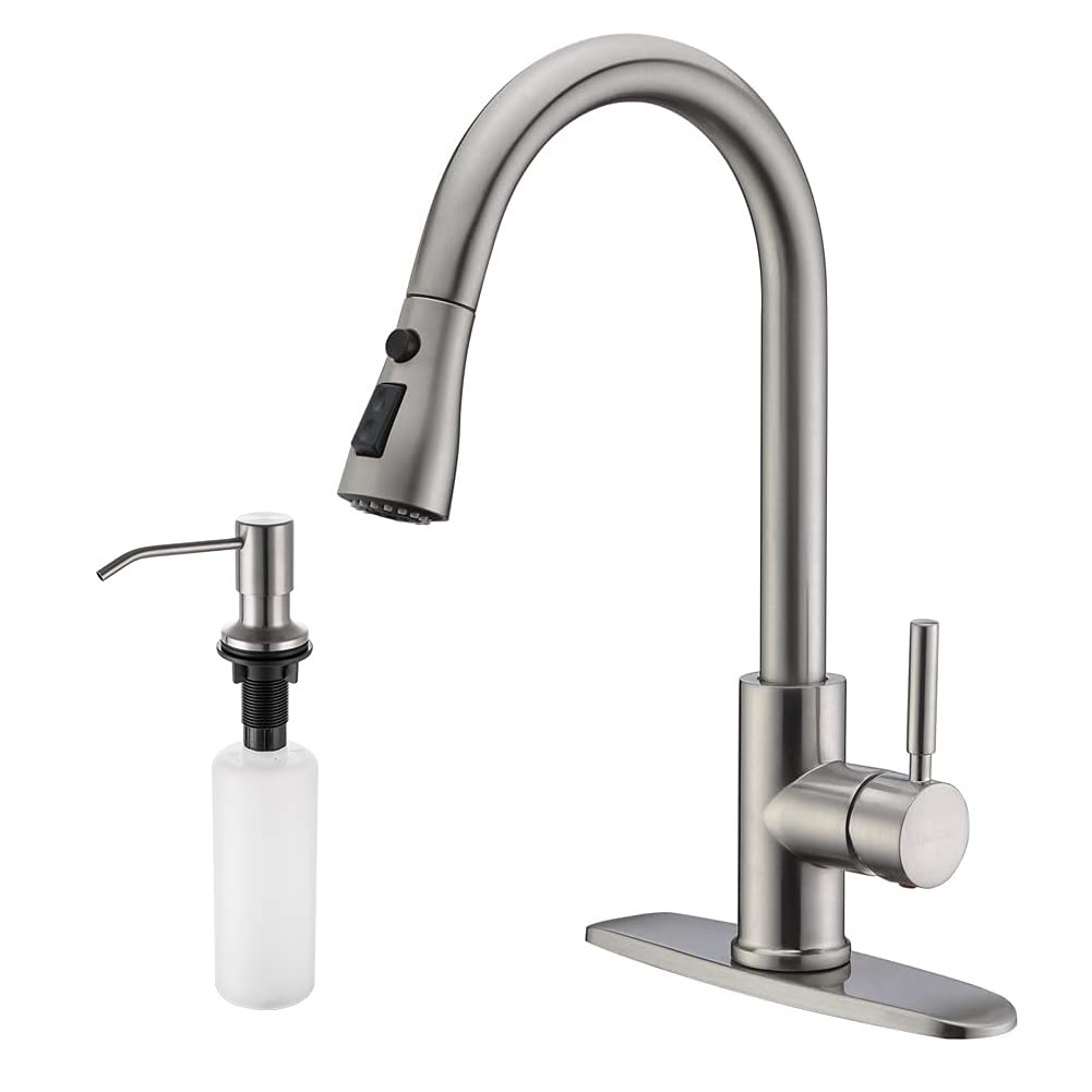 WEWE Single Handle High Arc Brushed Nickel Pull Out Kitchen Faucet,Single Level Stainless Steel Kitchen Sink Faucets with Pull Down Sprayer with Soap Dispense