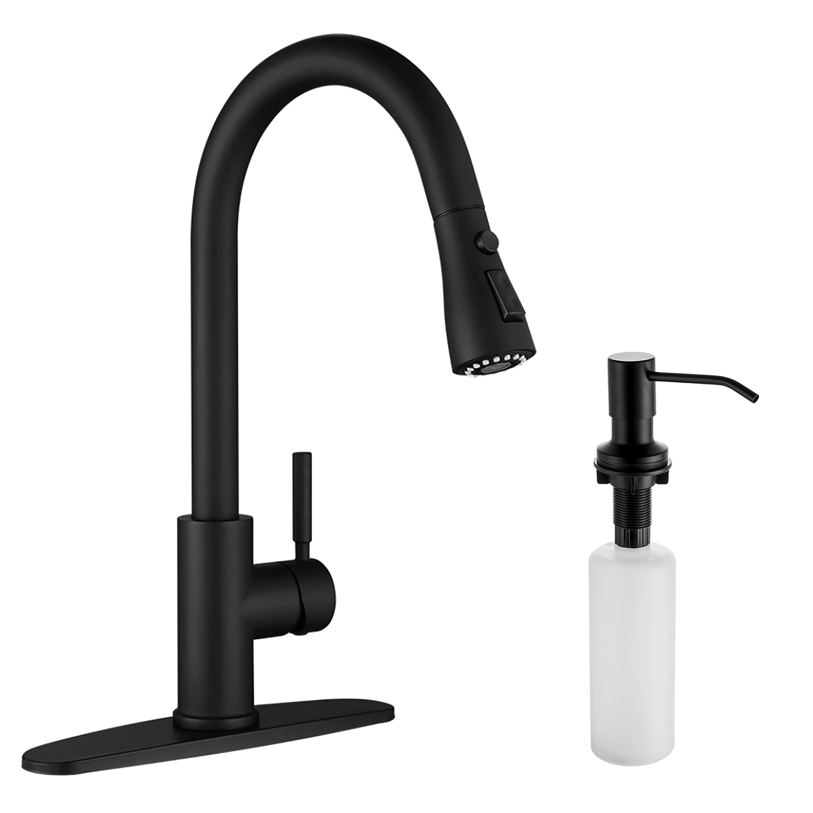 Black Kitchen Faucet, Kitchen Faucets with Pull Down Sprayer WEWE Commercial Stainless Steel Single Handle Single Hole Kitchen Sink Faucet with Black Soap Dispenser