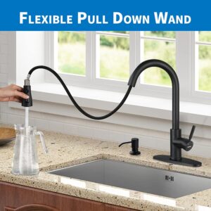 Black Kitchen Faucet, Kitchen Faucets with Pull Down Sprayer WEWE Commercial Stainless Steel Single Handle Single Hole Kitchen Sink Faucet with Black Soap Dispenser