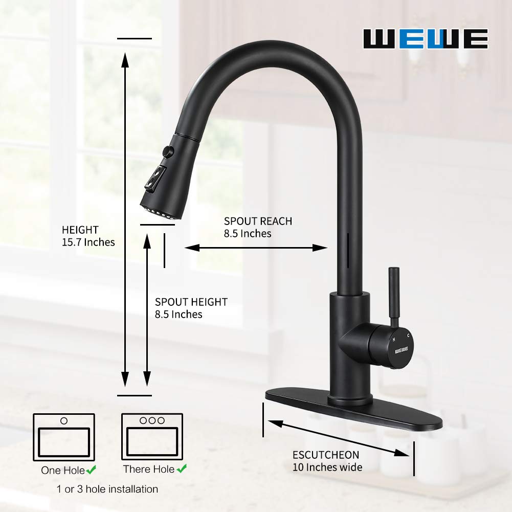 Black Kitchen Faucet, Kitchen Faucets with Pull Down Sprayer WEWE Commercial Stainless Steel Single Handle Single Hole Kitchen Sink Faucet with Black Soap Dispenser