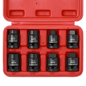 casoman 8pcs 1/2-inch drive pipe plug socket set, cr-mo, sae, male/female set, 7/16", 1/2", 5/8", 9/16", tapered male square drive, chamfered female square drive