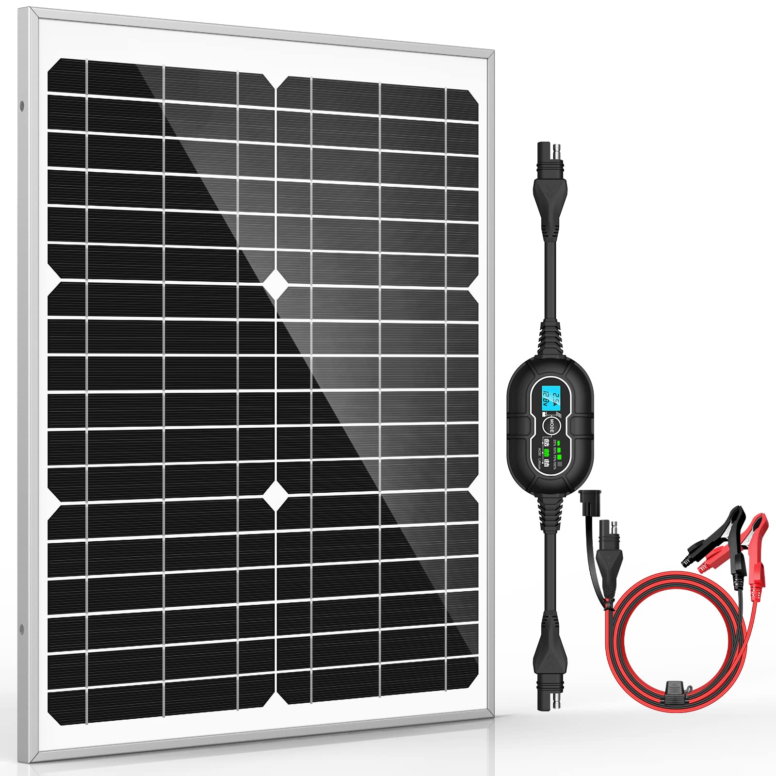 20W 12V Solar Panel Kit Battery Maintainer Trickle Charger Pro + Advanced 10A MPPT Charge Controller + SAE Battery Clip Cable for 12 Volt Boat Car RV Trailer Motorcycle Automotive Home Off Grid System