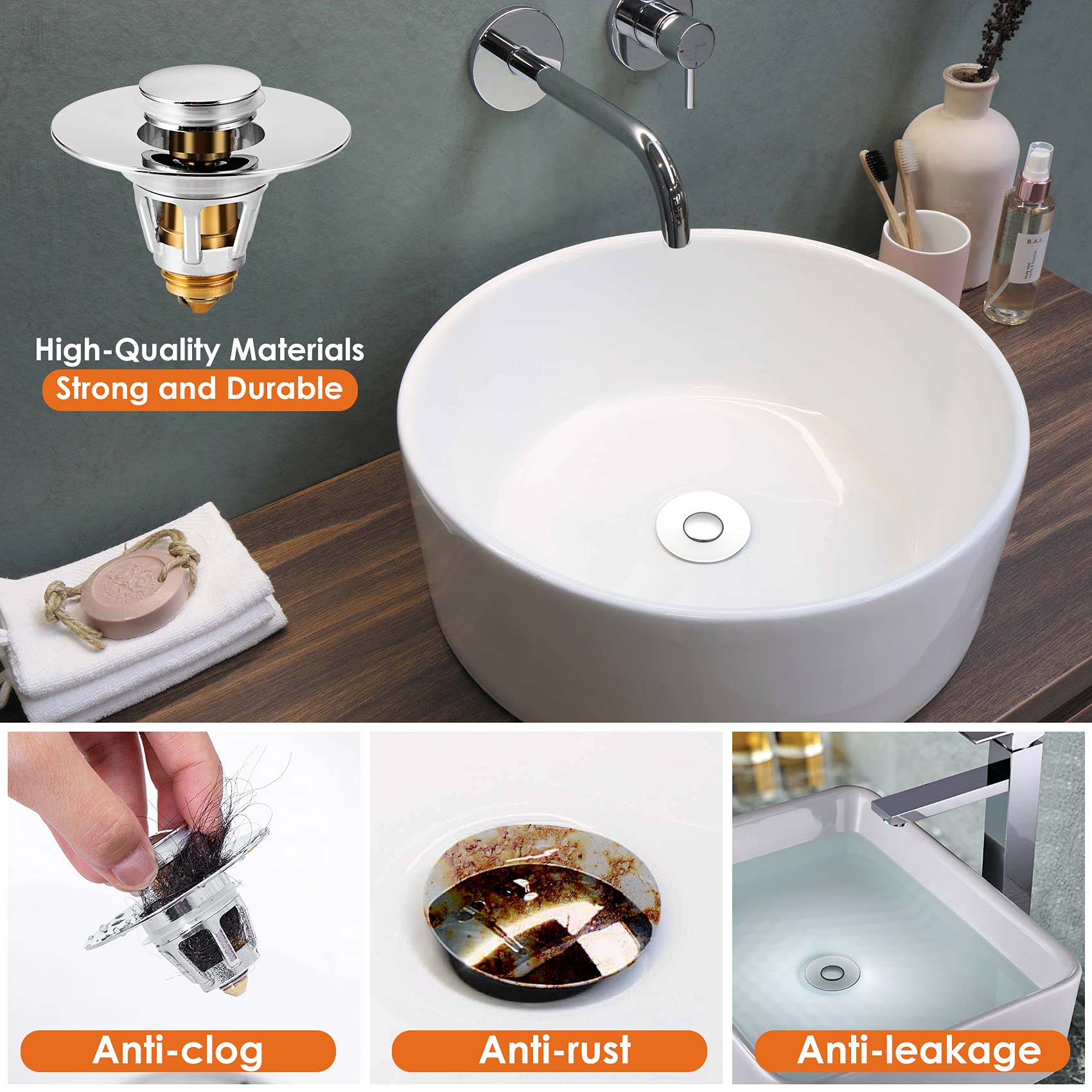 Drifop Universal Bathroom Sink Stopper, Basin Pop-up Sink Drain Strainer, Bathroom Sink Plug with Stainless Steel Hair Catcher for 1.1-1.5 Inch Drain(1 PCS, Silver)