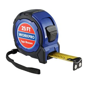 workpro 25ft tape measure, 1/8 fractions easy read measuring tape, retractable nylon coating measurement tape accuracy 1/32, magnetic hook, belt clip, rubber protective casing