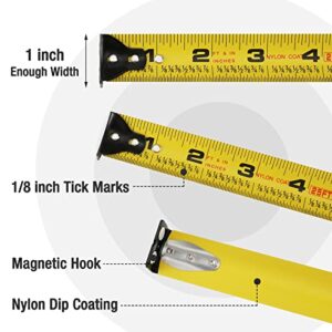 WORKPRO 25FT Tape Measure, 1/8 Fractions Easy Read Measuring Tape, Retractable Nylon Coating Measurement Tape Accuracy 1/32, Magnetic Hook, Belt Clip, Rubber Protective Casing