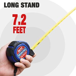 WORKPRO 25FT Tape Measure, 1/8 Fractions Easy Read Measuring Tape, Retractable Nylon Coating Measurement Tape Accuracy 1/32, Magnetic Hook, Belt Clip, Rubber Protective Casing