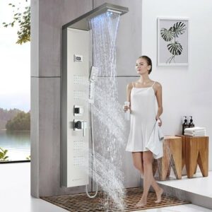 yagatap led shower panel tower system,bathroom 6-function shower tower,rain massage full body shower system with jets,hydroelectricity display led rainfall waterfall shower head brushed nickel