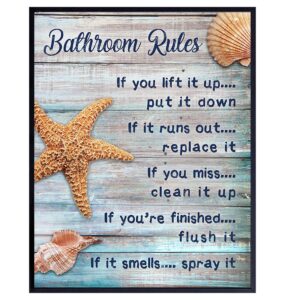 nautical rustic bathroom decor - large 11x14 - coastal beach house bathroom rules wall art - starfish, seashells restroom sign, bath art - ocean, sea house powder room art - shabby chic gift