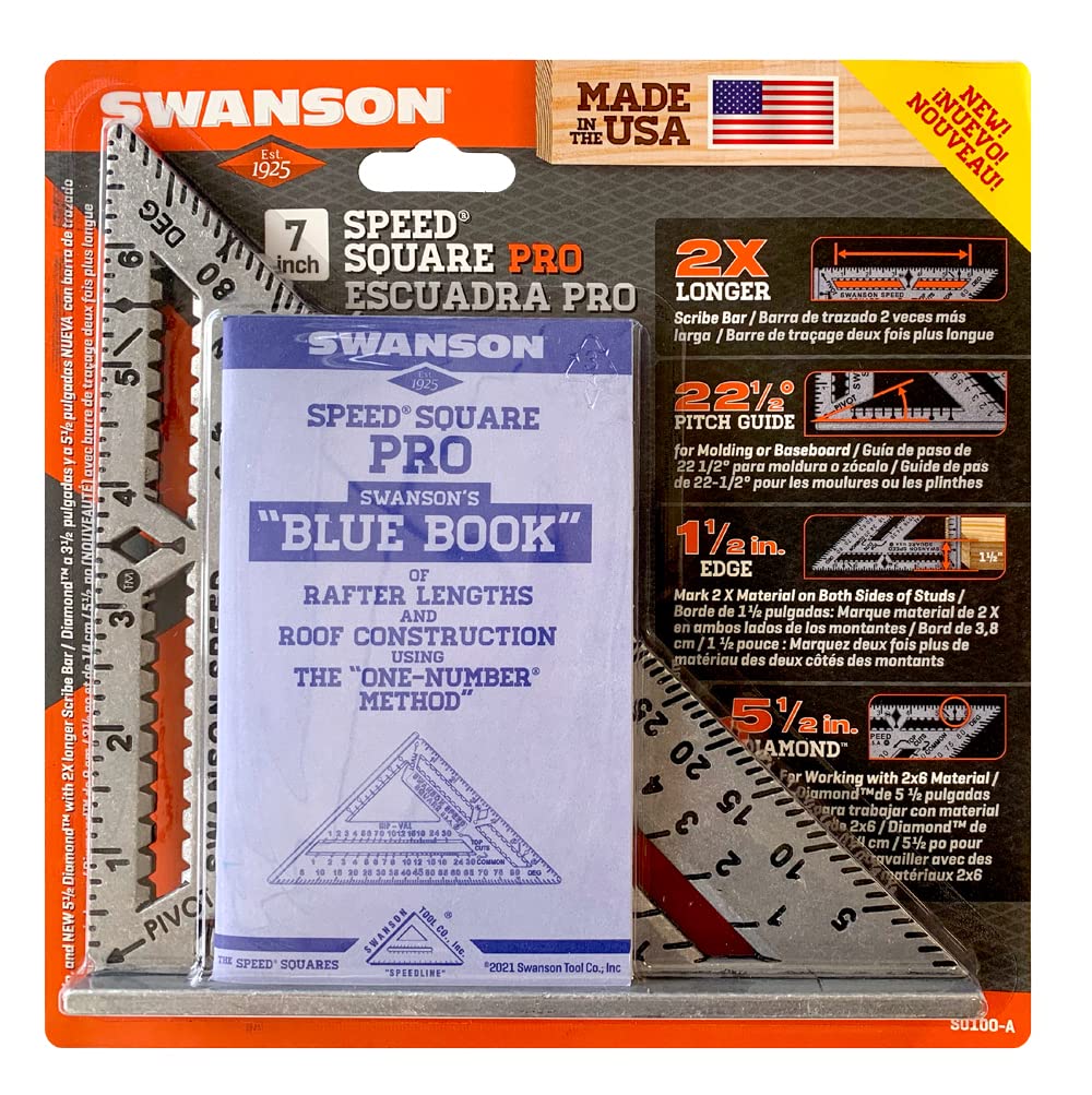 Swanson Tool Co 7 Inch Speed Square Pro with Pro Blue Book, Model S0100-A, Aluminum