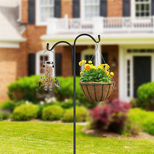 MIXXIDEA Double Shepherds Hook 91 Inch, Bird Feeder Pole with 5 Prong Base, 3/5 Thick Adjustable Hook for Hanging Bird Feeders, Plant Basket, Solar Lights Lantern, Weddings Decor (Black 2 Pack)