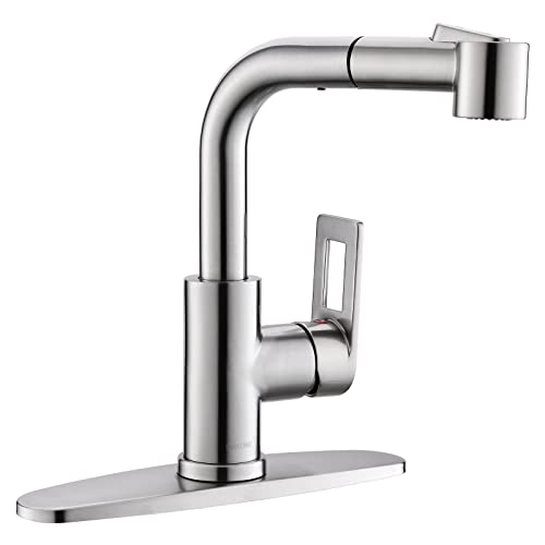 Bar Sink Faucet Brushed Nickel with Pull Out Sprayer, DAYONE Hollow Single Handle Faucets for RV/Kitchen with Deck Plate, DAY-351BN