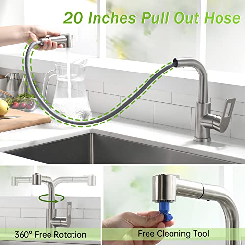 Bar Sink Faucet Brushed Nickel with Pull Out Sprayer, DAYONE Hollow Single Handle Faucets for RV/Kitchen with Deck Plate, DAY-351BN