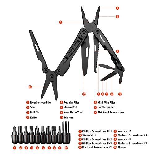 NexTool Black Knight Multitool Knife, 12 in 1 Stainless Steel Multitool, Pocket Knife with Self-Locking, Huge Scissors, 9 Screwdriver Bits, Bottle Opener for Camping Fishing Survival, Gifts for Men