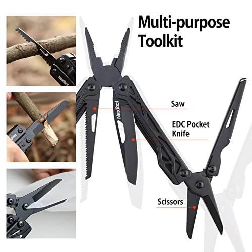 NexTool Black Knight Multitool Knife, 12 in 1 Stainless Steel Multitool, Pocket Knife with Self-Locking, Huge Scissors, 9 Screwdriver Bits, Bottle Opener for Camping Fishing Survival, Gifts for Men