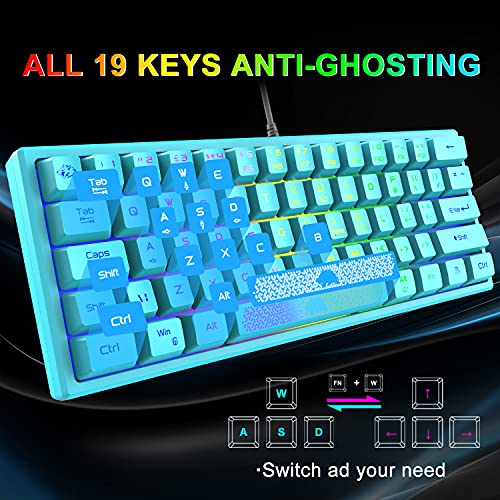 60% Gaming Keyboard and Mouse Combo Rainbow LED Backlit Keyboard with 61 Keys Membrane Mini Portable Ergonomic Design Ultralight Gaming Mouse 6400 DPI,Gaming Mouse Pad for Windows PC Gamers(Blue)