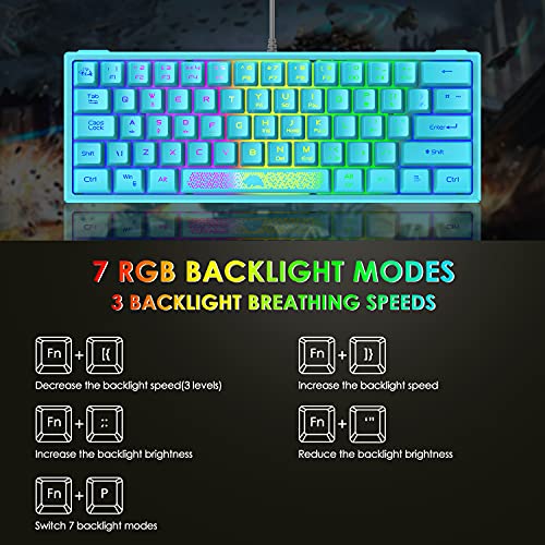 60% Gaming Keyboard and Mouse Combo Rainbow LED Backlit Keyboard with 61 Keys Membrane Mini Portable Ergonomic Design Ultralight Gaming Mouse 6400 DPI,Gaming Mouse Pad for Windows PC Gamers(Blue)