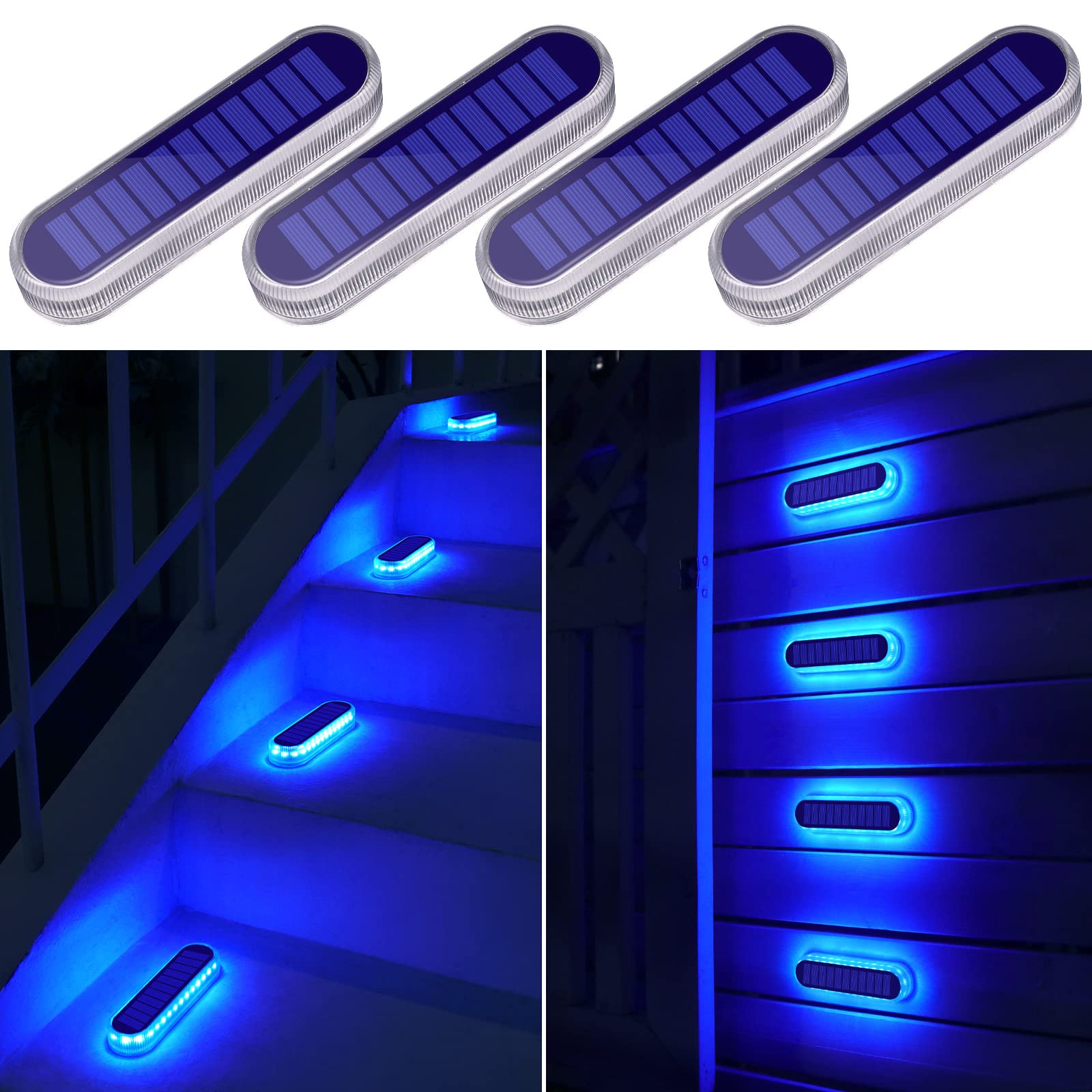 YiLaie Solar Driveway Lights Deck Lights Solar Powered, Outdoor Waterproof LED, Blue Solar Step Lights Wireless, Stick on Lights for Deck Step Dock Driveway (4 Pack)