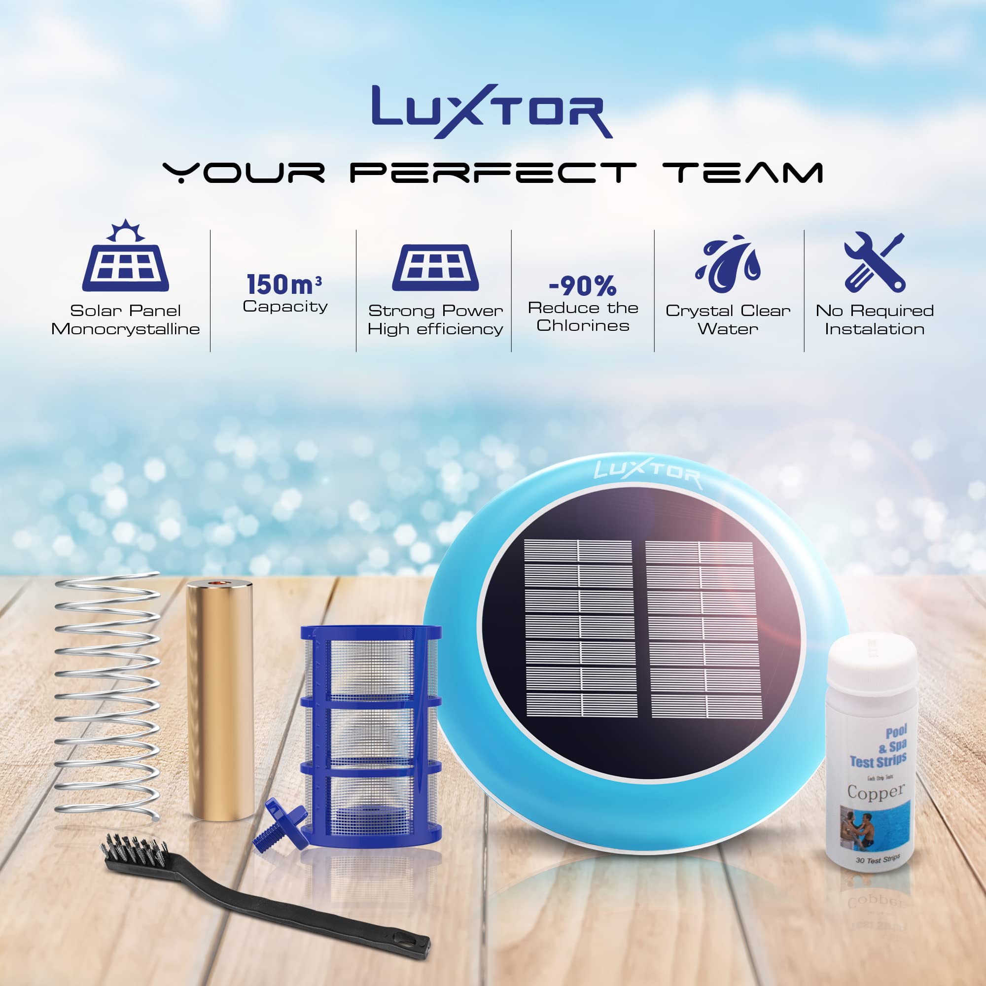 LUXTOR Solar Pool Ionizer, Cleaner, and Purifier Restores Clear, Chlorine-Free Water, Long Lasting Anode for 35,000 Gallons, Natural Shock for Swimming Areas, Smart Replacement