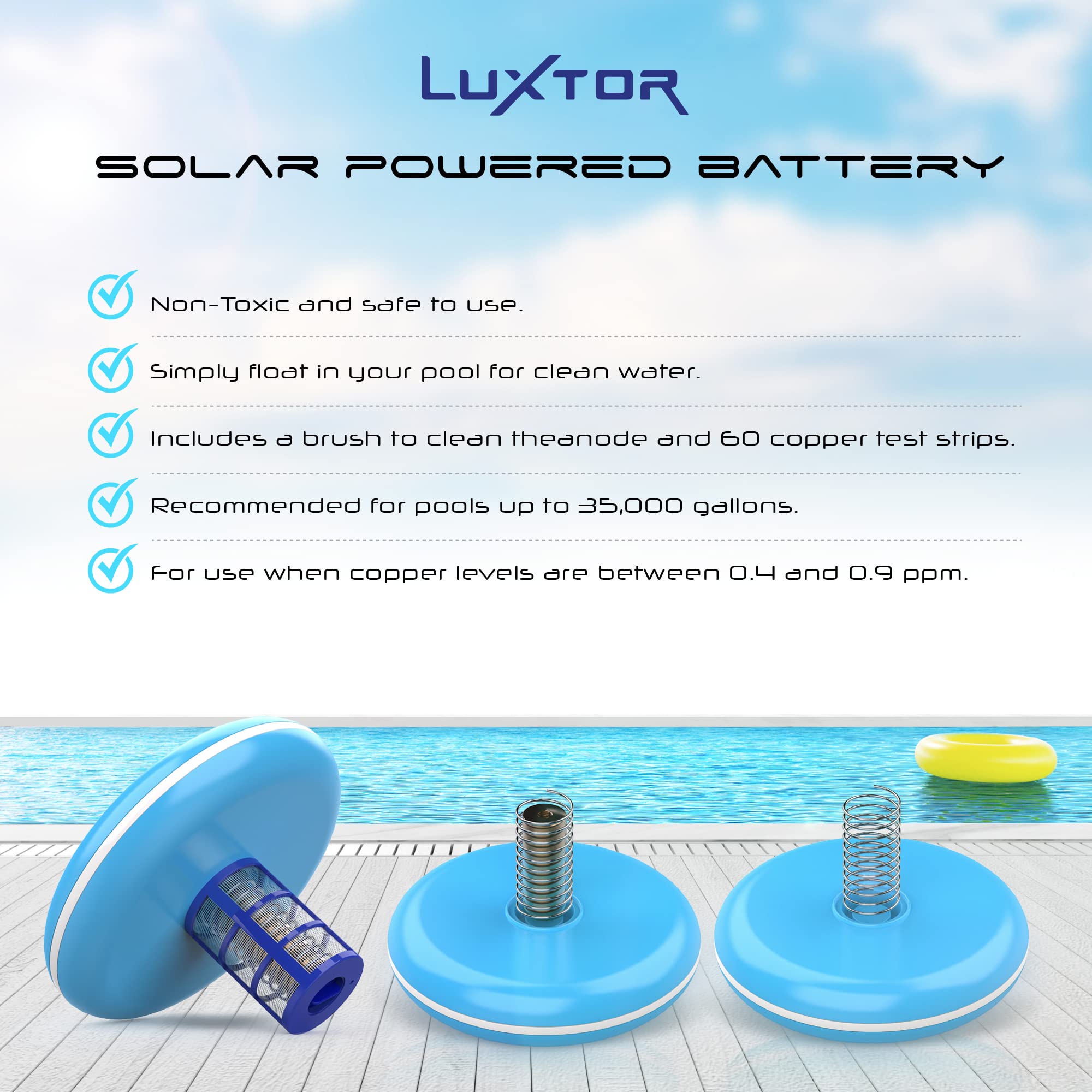 LUXTOR Solar Pool Ionizer, Cleaner, and Purifier Restores Clear, Chlorine-Free Water, Long Lasting Anode for 35,000 Gallons, Natural Shock for Swimming Areas, Smart Replacement