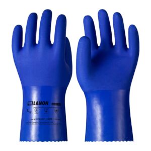 LANON PVC Chemical Resistant Gloves, Heavy-Duty Rubber Gloves, Acid, Alkali and Oil Protection, Non-Slip, Blue, Large