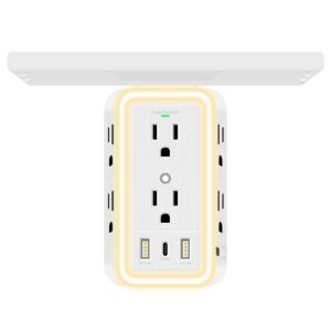 electrical outlet extender multi plug 3-sided power strip socket, (5v 3.4a) wall mount surge protector charging station with led night light(6 holes, 2 usb charging ports, 1 type-c port)