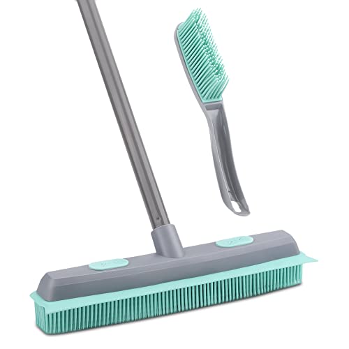 Conliwell Rubber Broom Carpet Rake for Pet Hair, Fur Remover Broom with Squeegee, Portable Detailing Lint Remover Brush, Pet Hair Removal Rubber Broom and Brush for Fluff Carpet, Hardwood Floor