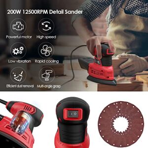 Sander Tool, 200W Electric Hand Sander for Wood & Metal, 12500 RPM Palm Detail Sander, Random Orbit Sanders with 20 Pcs Sanding Paper, Vacuum Dust Collection Box, for Plywood, Paint Dry Walls