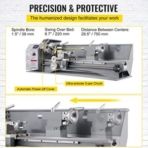 VEVOR Metal Lathe 8.7 x 29.5 Inch/220 x 750MM Mini Metal Lathe 1.1KW Infinitely Variable Speed Mini Lathe Machine LED Screen for Counter Face Turning Driling