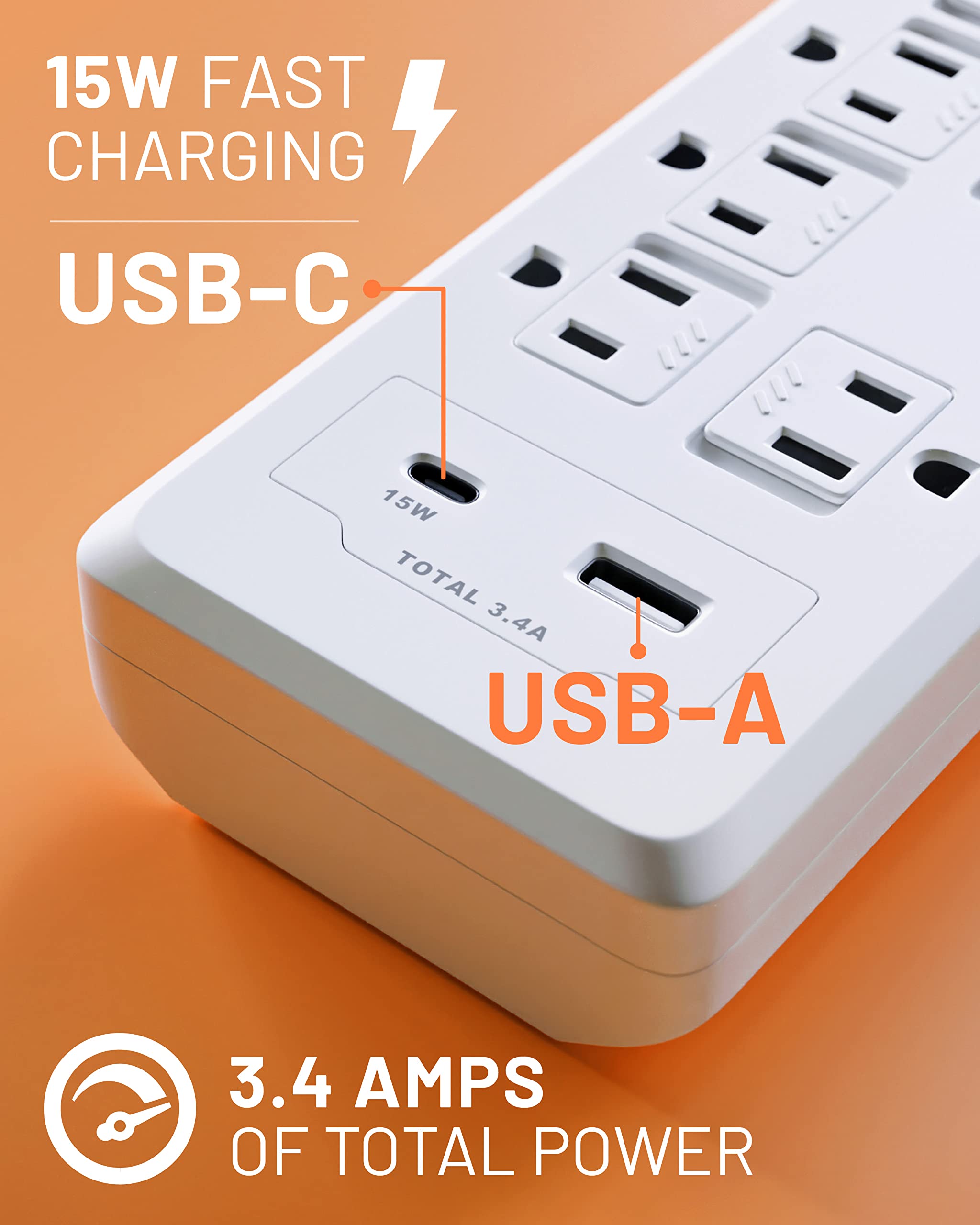 ECHOGEAR PowerBlitz Surge Protector Power Strip with USB-A & USB-C Ports - Low Profile Design with Braided 6' Cord, Flat Plug & 2160 Joules of Multi Outlet Surge Protection - White