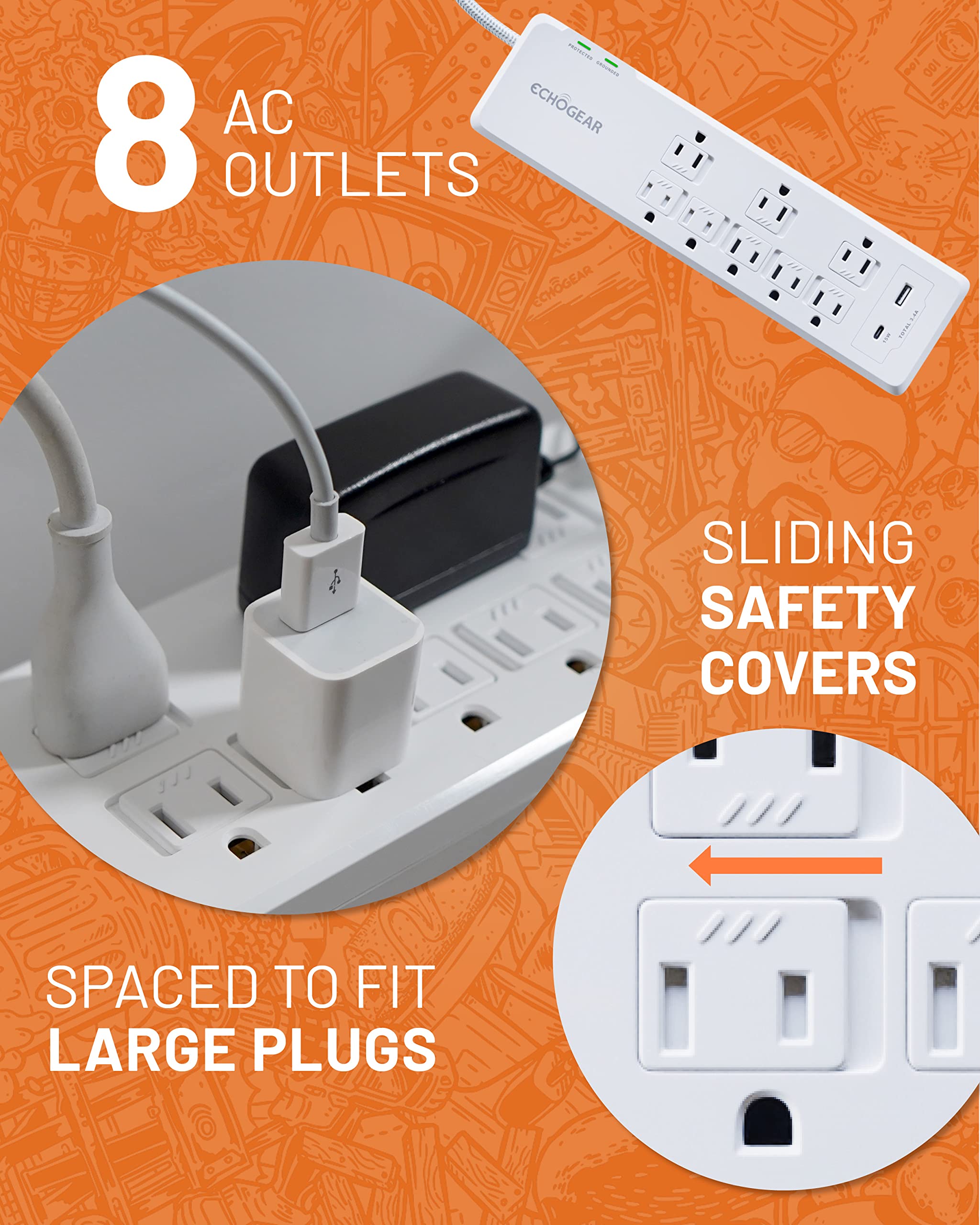 ECHOGEAR PowerBlitz Surge Protector Power Strip with USB-A & USB-C Ports - Low Profile Design with Braided 6' Cord, Flat Plug & 2160 Joules of Multi Outlet Surge Protection - White